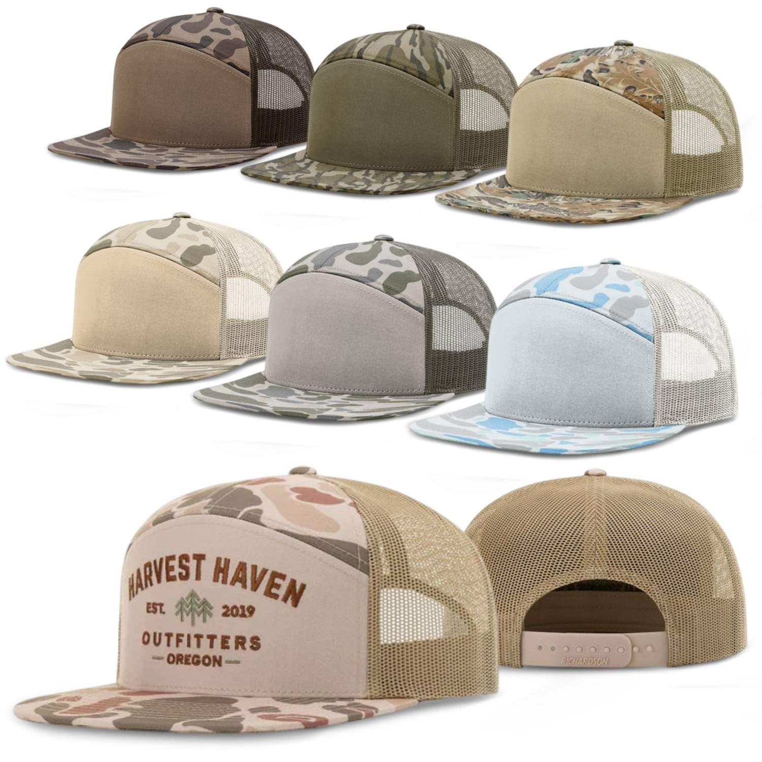 Richardson 168P Camo 7-Panel Snapback Trucker Hat - Seven-Panel Trucker Cap with Flat Bill ...